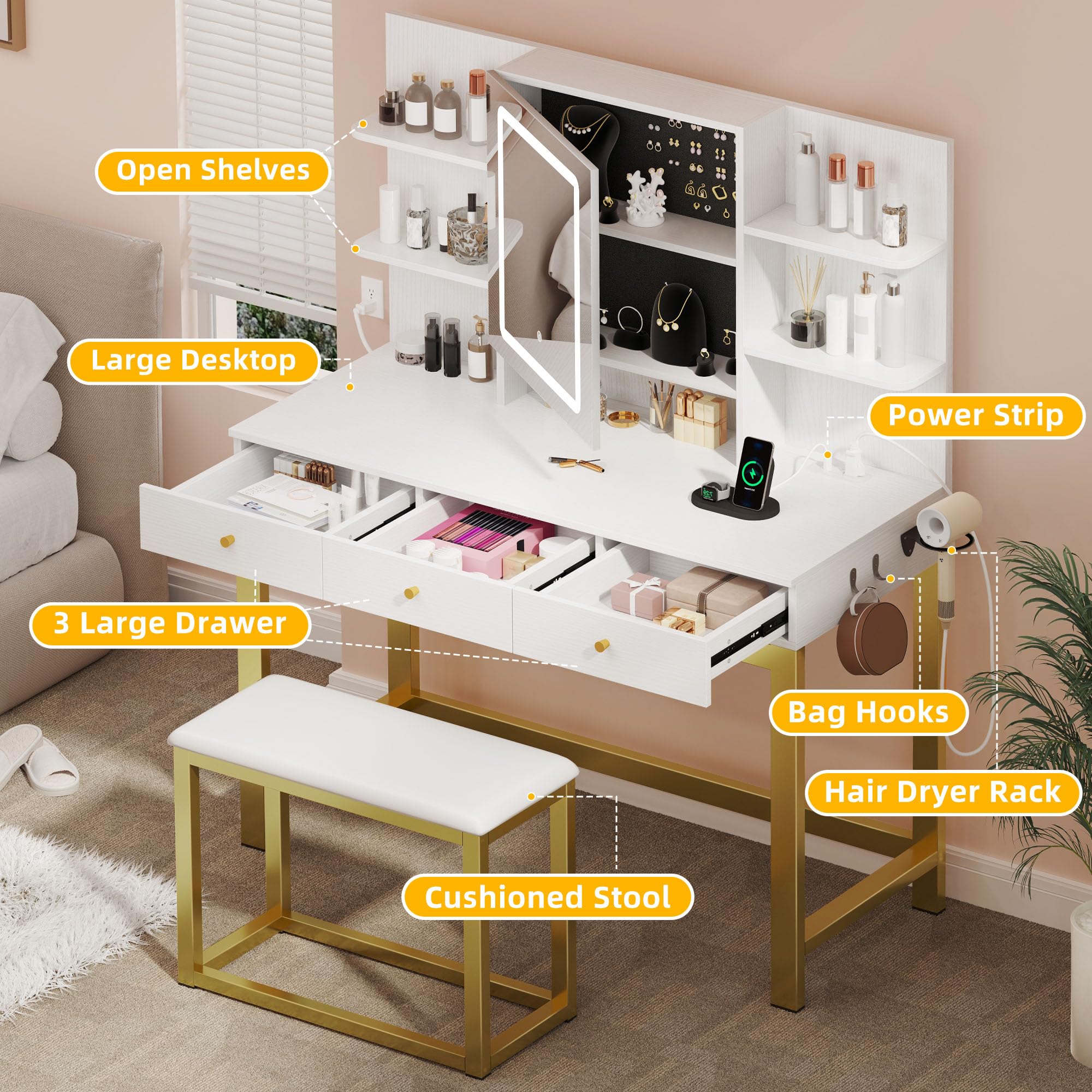 DWVO 39.5 W Vanity Desk Set, Makeup Table with LED Lighted Mirror and Power Outlet, Adjustable 3 Lights Modes, Vanity Table with Stool and Hidden Storage Shelves, 3 Drawers with for Girls Gift, White