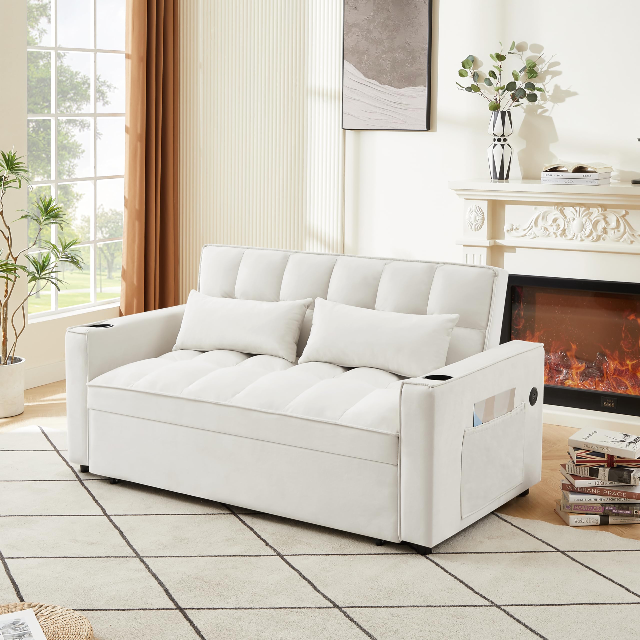 ERYE 3 in 1 Oversized Convertible Sleeper Sofabed,Modern Linen Upholstered Tufted Loveseat Sofa&Couch with Pull Out Sleep Couch Bed(Full Size),USB Charging Ports for Home,Apartment,RV Living Room