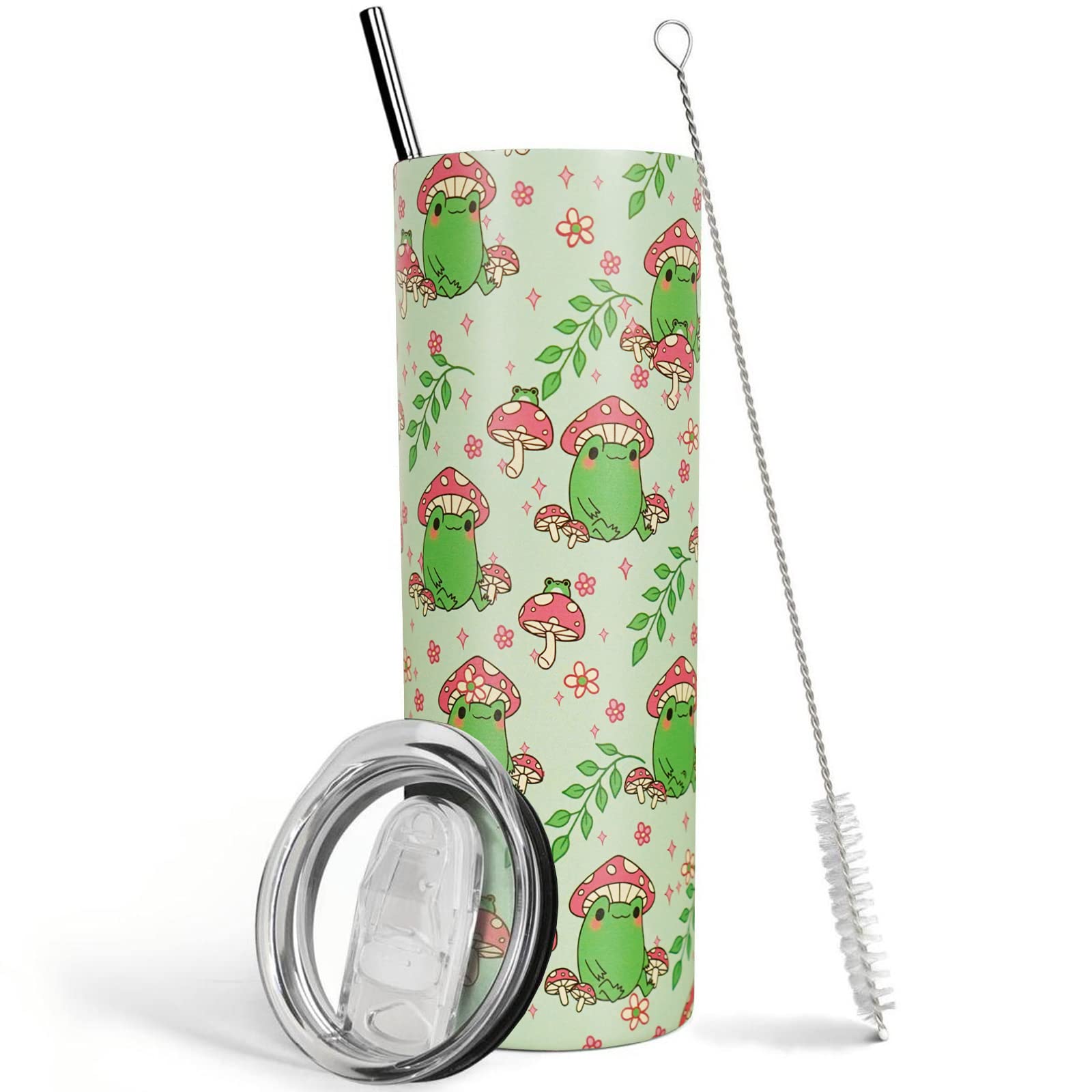 Ceovfoi Frog Gifts for Women,Cute Green Kawaii Frog Mushroom 20 Oz Tumbler with Lid and Straw,Kawaii Frog Stuff/Decor/Accessories/Things