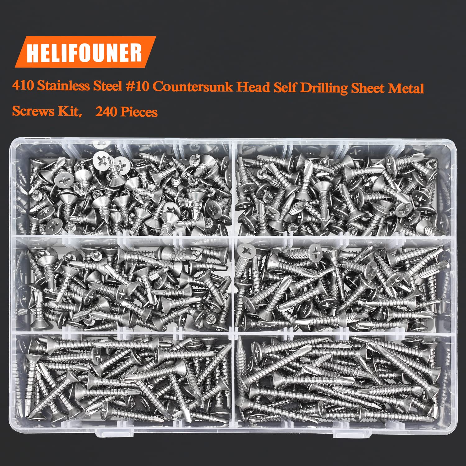 HELIFOUNER #10 x1/2", 5/8", 3/4", 1", 1-1/4", 1-1/2" Self Drilling Screws Sheet Metal Screws Assortment Kit, 410 Stainless Steel (#10 Countersunk Head)