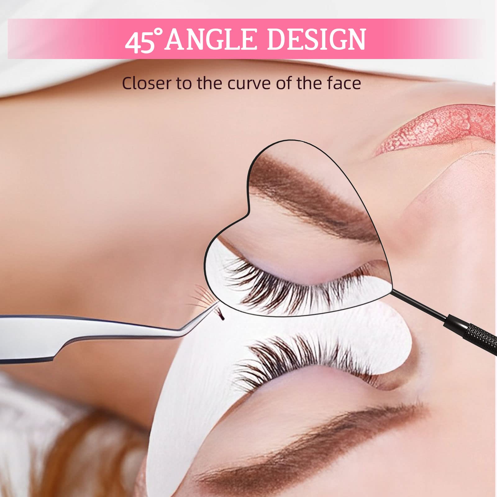 Buqikma Large Lash Mirror for Eyelash Extension Detachable Heart Shape Eyelash Mirror 45°Angle Design Hand Mirror Stainless Steel Eyelash Makeup Mirror lash Extension Supplies(Black)
