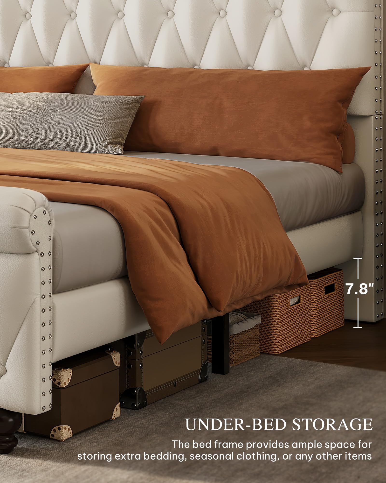 DWVO King Size Platform Bed Frame with 58" Tall Headboard and Footboard, PU Leather Upholstered Platform Bed with Solid Wood Leg, Button Tufted, No Box Spring Needed, Easy Assembly, Beige