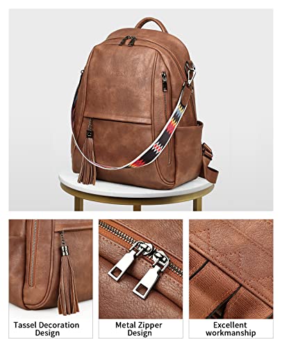 FADEON Leather Laptop Backpack Purse for Women Laptop Backpacks, Designer Mutiple Pockets Ladies Shoulder Bags Brown