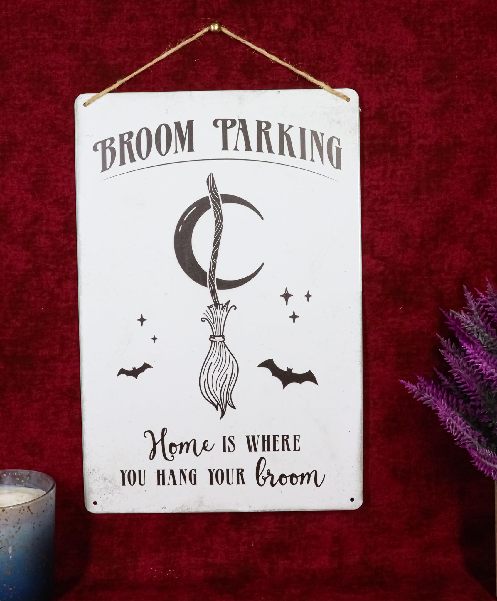 Ebros Gift Halloween Witchcraft Wicca Occult Witch Broom Parking Home Is Where You Hang Your Broom Bats Stars And Crescent Moon Wall Hanging Sign Plaque Kitchen Home Decorative Signs