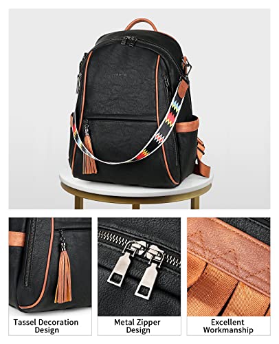 FADEON Leather Laptop Backpack Purse for Women Laptop Backpacks, Designer Mutiple Pockets Ladies Shoulder Bags Black