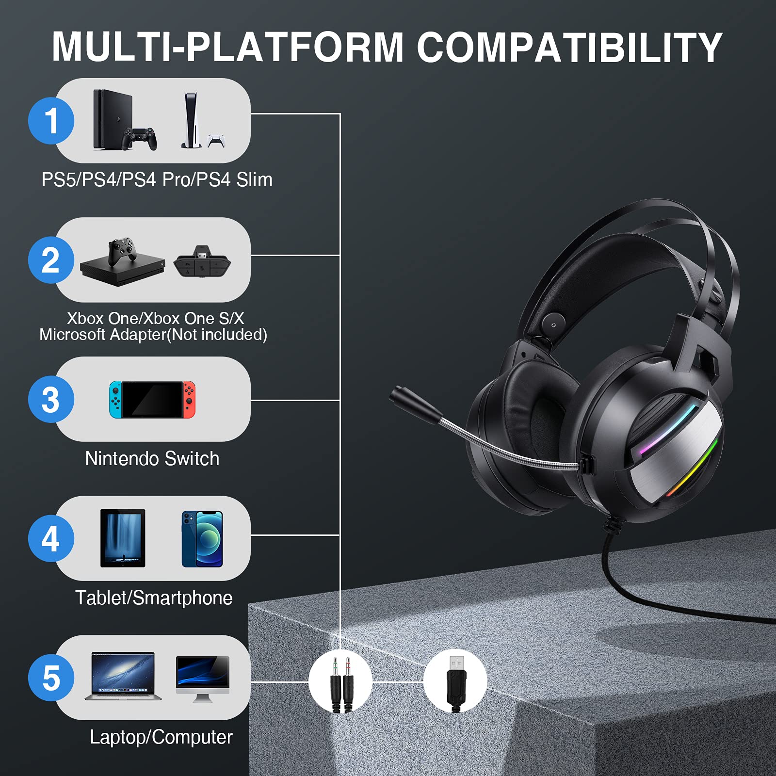 BraveKoi Stereo Gaming Headset, Noise Canceling Gaming Headphones with Microphone and RGB Lights, 3.5mm Wired Gaming Headset for PS5, PS4, Xbox One, PC, Laptop, Nintendo Switch, Tablet