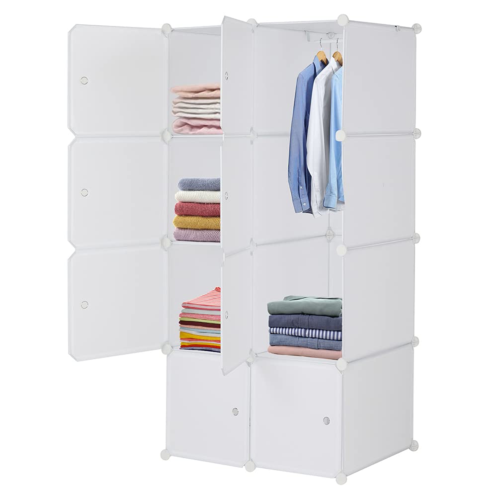 Portable Wardrobe Closet, Modular Plastic Clothes Storage Cabinet Chest w/ Doors, Organizer Cube DIY Bookshelf Combination Armoire for bedroom, living room, Black (30-Cube & 6 Hanging Section)