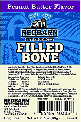 Redbarn Filled Dog Bones | Natural Long-Lasting Dental Treats; Suitable for Aggressive Chewers | Small (3") - 5 Bones (Peanut Butter)