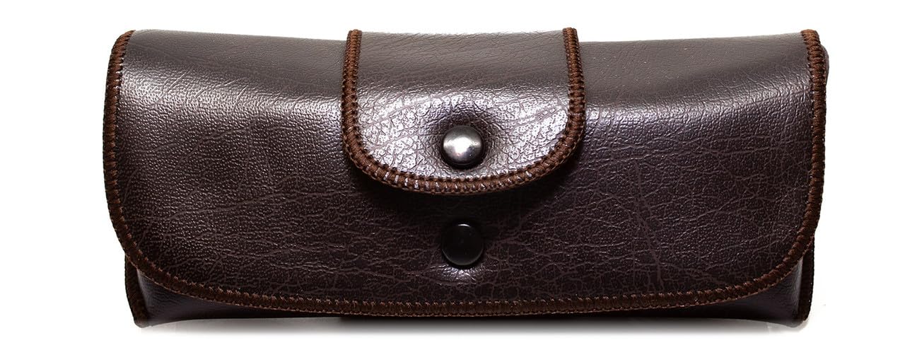 Calabria Double Snap Belt Loop Eyeglass Case Brown PU Leather Vintage Old School Eye Glasses Pouch Semi-Hard Sunglass Holder