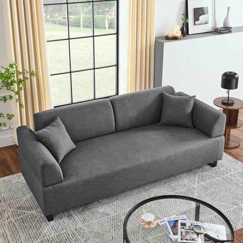 ERYE Morden Upholstered 3-Seat Couch Linen Upholstered 3 Seat Sofa Couch with Two End Tables and 2 Pillows, Free Transformation Removable Back and Armrests for Living Room