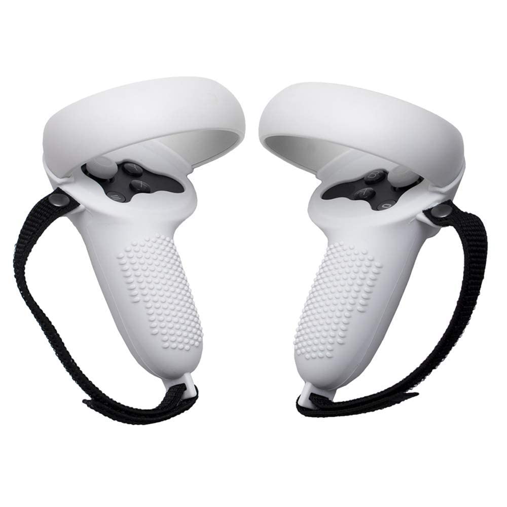 SINWEVR Touch Controller Grip Cover Compatible for Meta/Oculus Quest 2, Anti-Throw Handle Protecting Sleeve Quest 2 Accessories with Adjustable Knuckle Strap (White - Rabbit)
