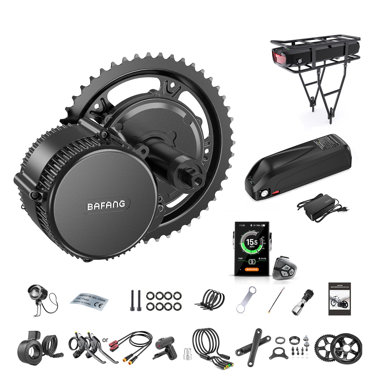 BAFANG BBS02B 36V/48V 500W Mid Drive Kit with Battery(Optional) 48V Ebike Motor with DIY LCD Display/Controller Electric Bikes Conversion kit for Mountain Bike(C18 Display,48V17.5AH Battery)