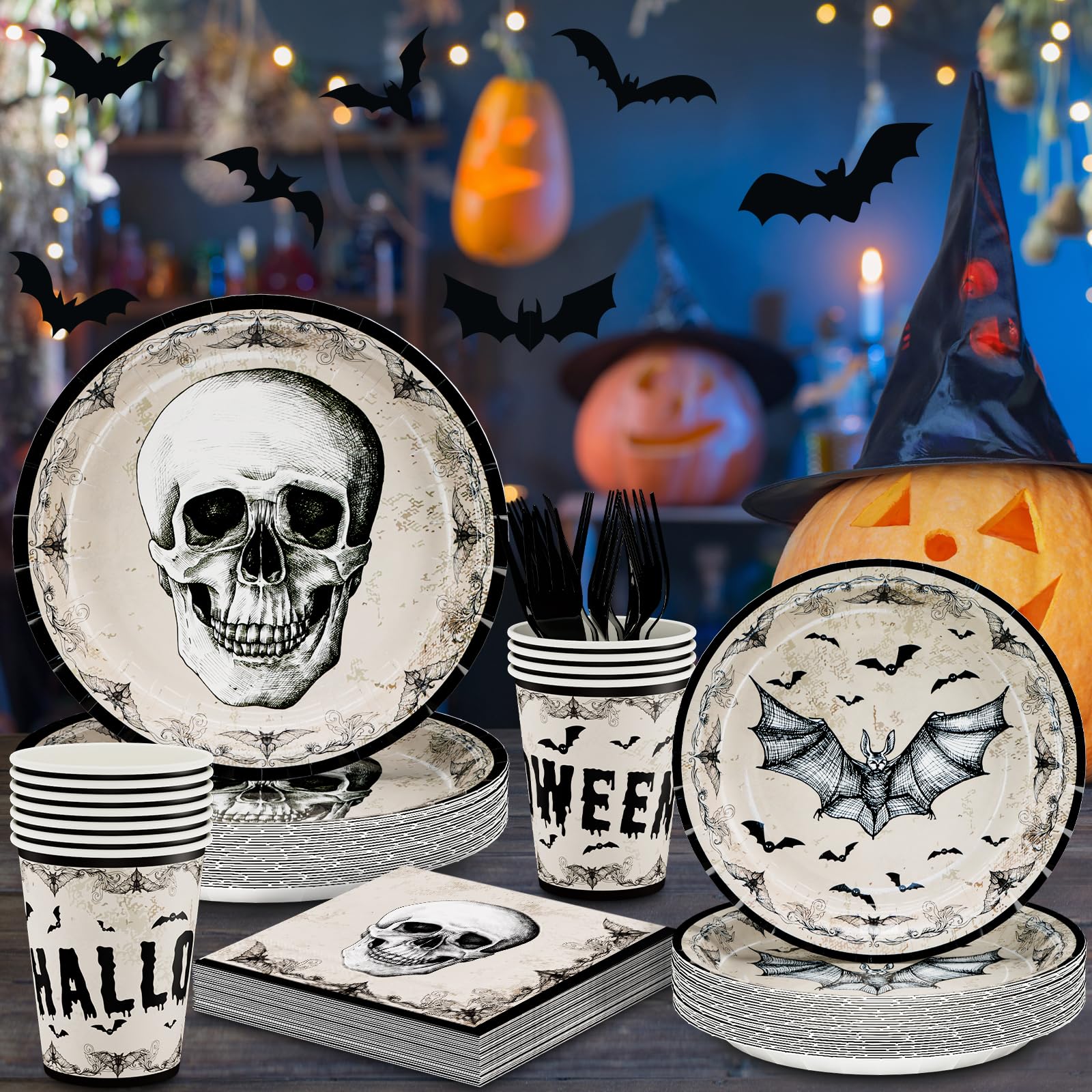 DYLIVeS Halloween Party Supplies Kit, Halloween Skull Bats Disposable Tableware, Includes Dinner Plates, Dessert Plates Napkins Cups Forks, Halloween Birthday Party Decorations Adults, Serve 24