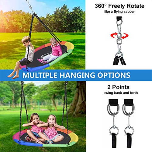 Hishine 43" Saucer Tree Swing for Kids, 360° Rotate Waterproof Flying Saucer Swing with Swivel, Hanging Straps, Adjustable Ropes, Round Mat Spinner Swing for Tree/Swing Set (Rainbow)