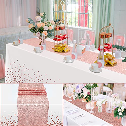 HAOBAOBEI Rose Gold Tablecloth Sequin Table Runner Set, Plastic Table Cloths Pink White Party Decorations, Rectangle Glitter Table Cover for Birthday Wedding Anniversary Parties Supplies (54x108 inch)