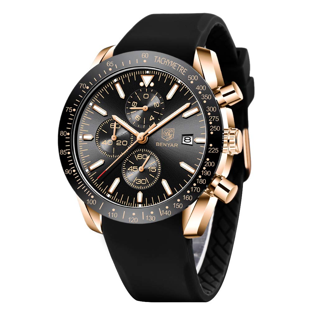BENYAR - Stylish Wrist Watch for Men Silicone Strap Watches Quartz Movement, Waterproof and Scratch Resistant, Analog Chronograph Business Watch Mens Gift