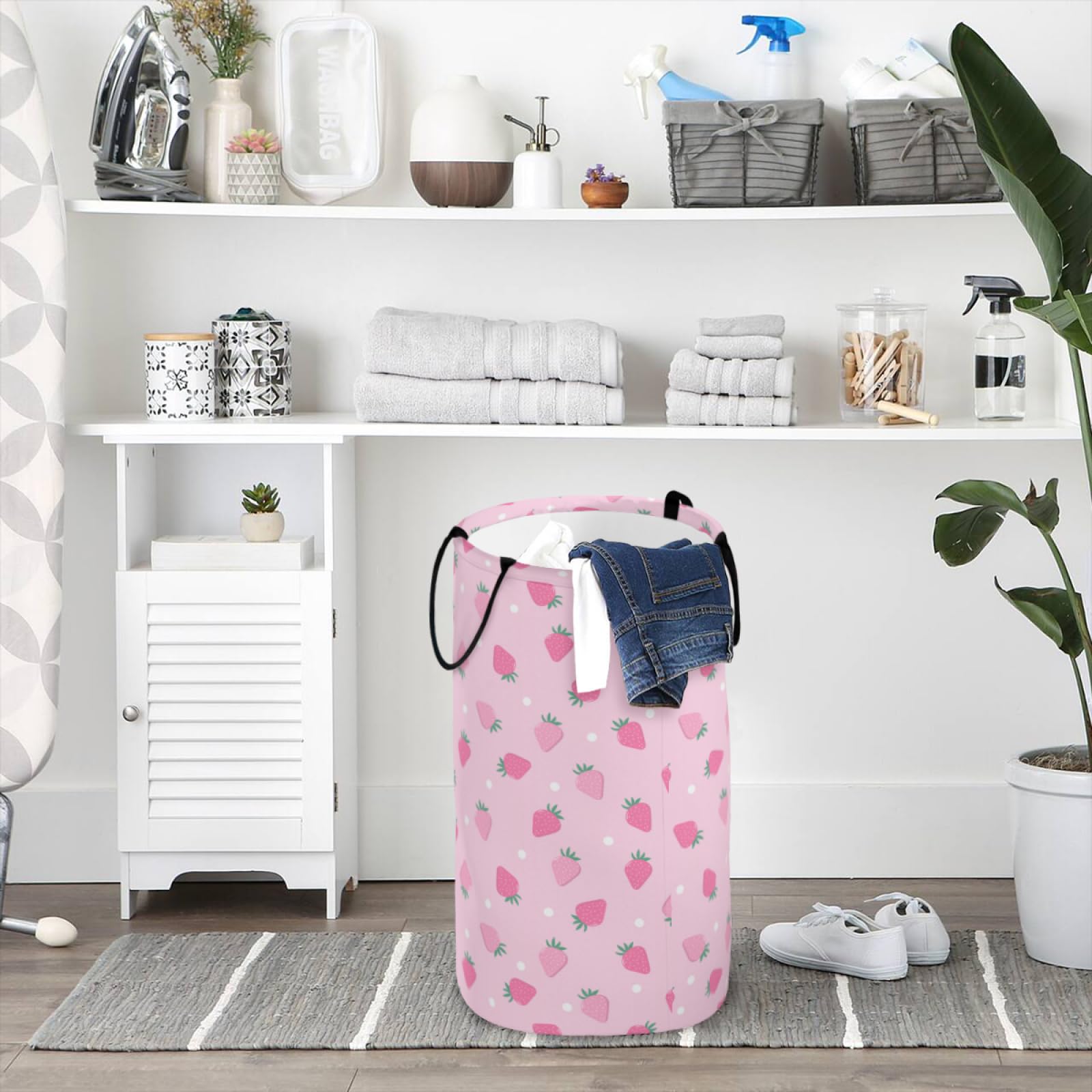 Cute Strawberry Pink Laundry Basket with Handle 86L Laundry Hamper Collapsible Toys Storage Basket Toys Room Storage Basket