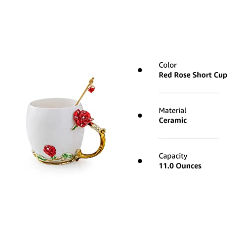 Ceramic Coffee Cup, 3D Flower Cup Tea Mug with Spoon,Enamel Rose Flower Mugs for Women ,Birthday Christmas Gifts