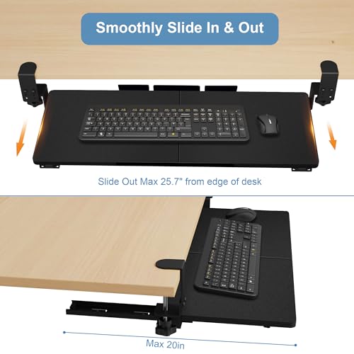 EQEY Keyboard Tray Under Desk, Height Adjustable Keyboard Tray Ergonomic Pull Out Under Desk Drawer Keyboard Platforms with Wrist Support Pad Keyboard Drawer for Desk (26 x 10 inch, Black new version)