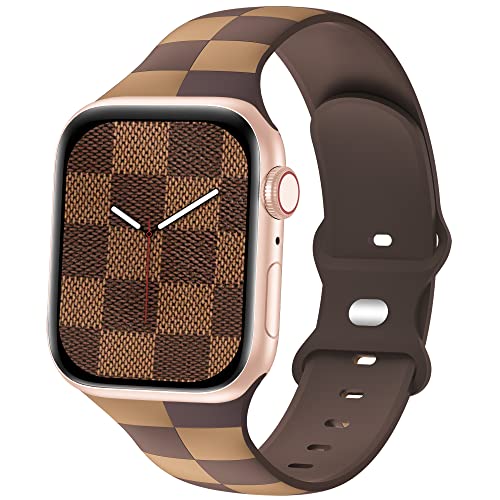 Luxury Checkered Designer Bands Compatible with Apple Watch Band 42mm 44mm 45mm Women Men,Soft Silicone Sport Strap Replacement Wristbands for iWatch Series 7 6 5 4 3 2 1 SE,Luxury Brown
