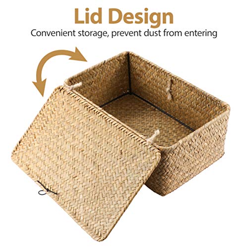 DECHOUS Storage Basket 1pc Small Basket with Lid Woven Baskets Decorative Baskets Wicker Basket with Lid Decorative Storage Boxes Straw Container for Home Office Shelf Organizer Shelf Bracket