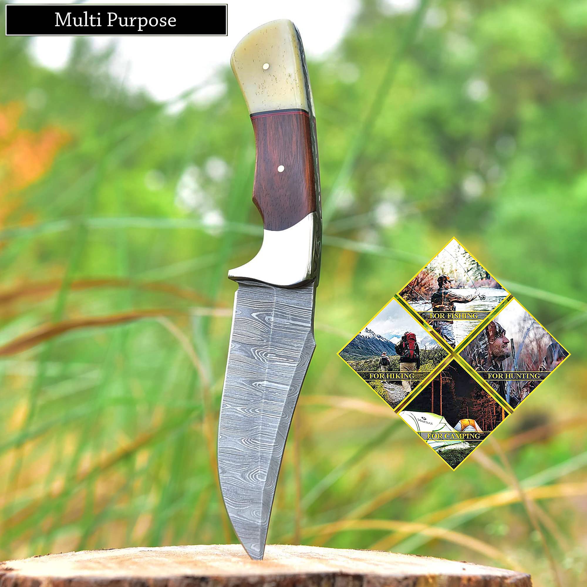 BG Knives Handmade Damascus Knife With Sheath Fixed Blade Hunting Knife 9.25 Inches B-187