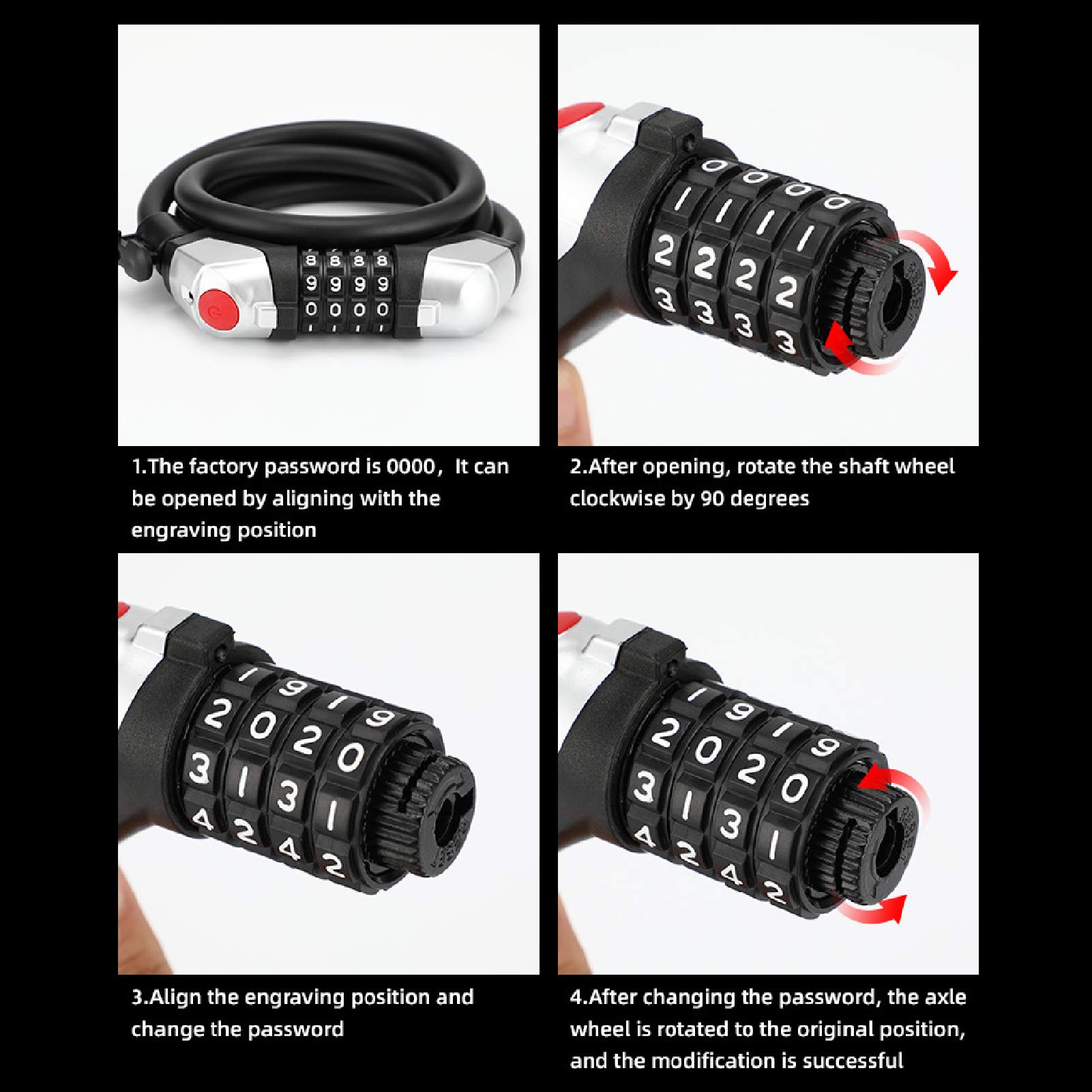 Beaswhca Portable Mountain Bike Combination Cable Lock Safe and Reliable with Light 4-Digit Code