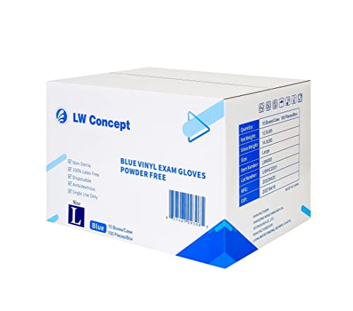 LW Concept Blue Vinyl Exam Gloves for Medical/Food Safe/Cleaning/Handling Use Multipurpose Latex & Powder Free, 4.5 mil (LW4003, Large)
