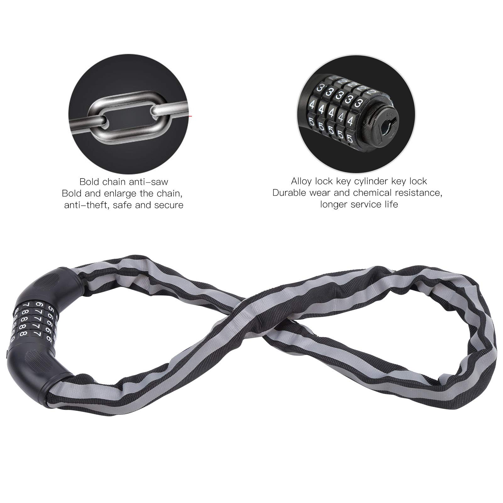 Beaswhca Reflective Black Mountain Bike Anti-Theft Code Lock Mountain Bike Cable Lock Keyless Five Times Code Lock