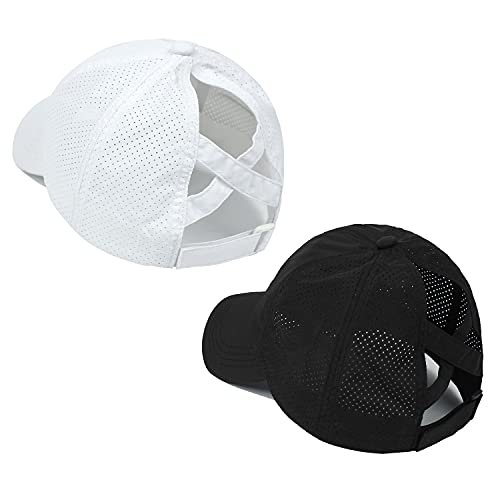 Bonvince Womens Criss Cross Ponytail Hat Quick Drying Baseball Cap Sun Hats UV Protection Sport Hat Black/White