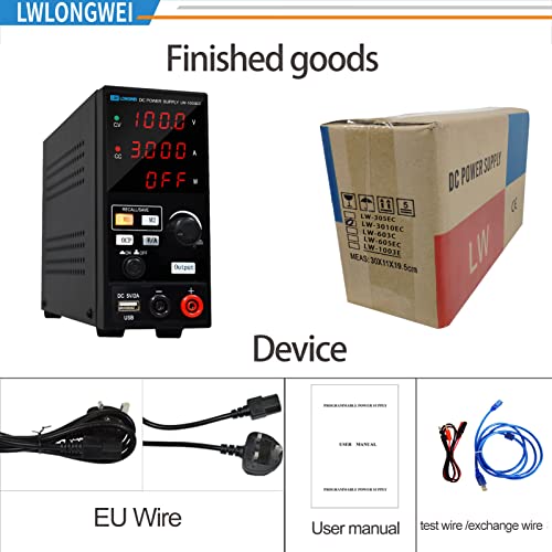 Lwlongwei Programmable DC Power Supply Variable, 100V 3A 300W Adjustable Switching Regulated DC Bench Power Supply with 4-Digits LED Power Display 5V/2A USB Output, Coarse and Fine Adjustments