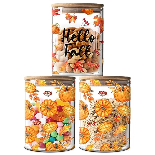 Fall Decor 3 Pack Glass Storage Jars with Airtight Bamboo Lid-Hello Fall Pumpkin Canisters Sets for Kitchen Countertop Autumn-Clear Fall Glass Storage Jars for Coffee Bean, Cookie, Candy, Tea, Flour