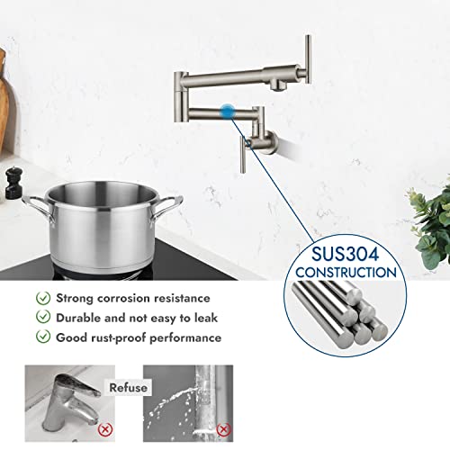 Cinwiny Brushed Nickel Pot Filler Wall Mount Kitchen Restaurant Sink Faucet Stainless Steel Stretchable Commercial Faucet with Folding Double Joint Swing Arm Single Hole Two Handles