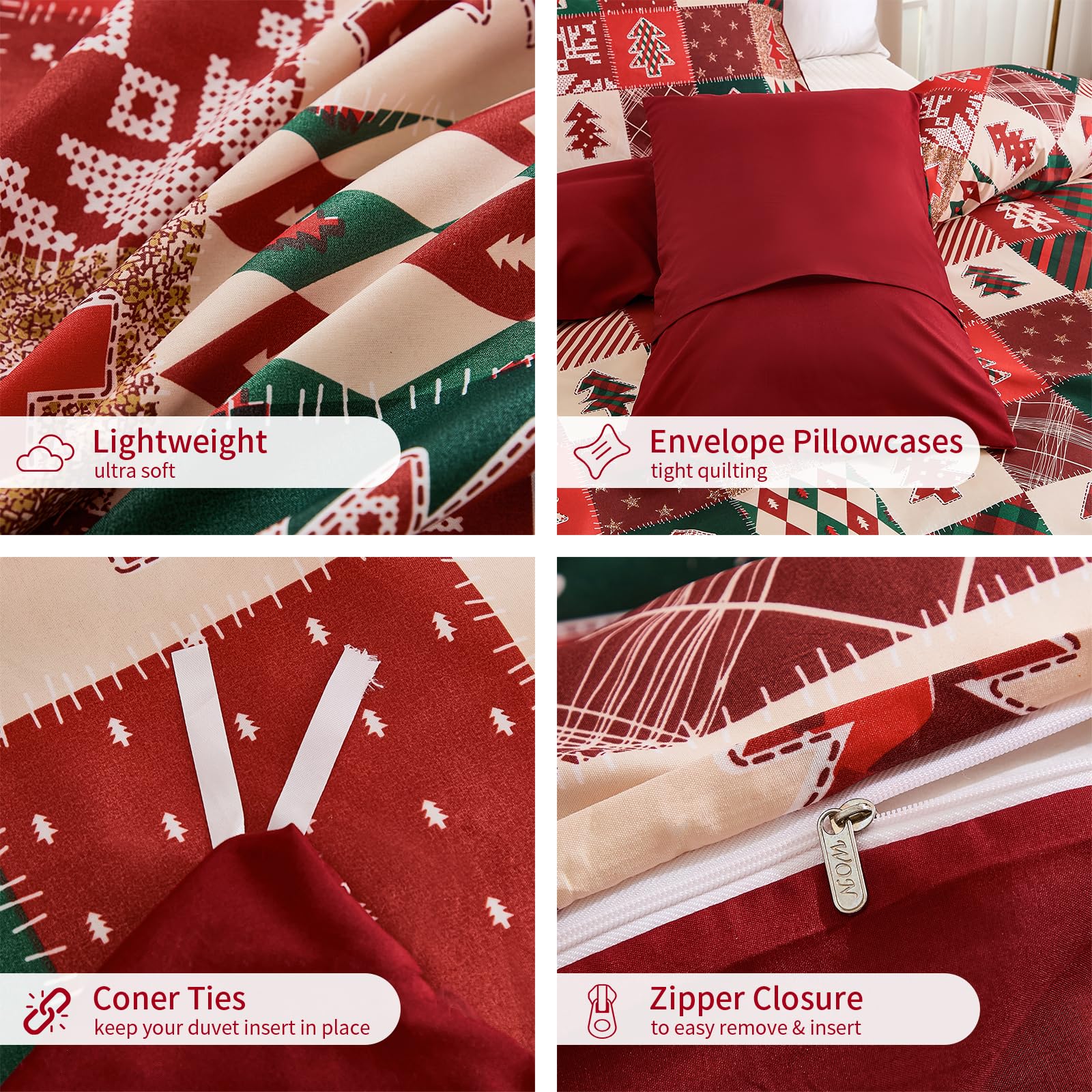 Dintszyayue Christmas Duvet Cover Set Queen Size,3 Pieces Patchwork Plaid Bedding Set Red and Green Christmas Tree Printed Duvet Soft Microfiber Duvet Comforter Covers with Zipper Closure