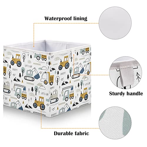 Ollabaky Truck Tractor Bulldozer Excavator Cars Cube Storage Bin, Foldable Fabric Storage Cube Basket Cloth Organizer Box with Handle for Closet Shelves, Nursery Storage Toy Bin - S