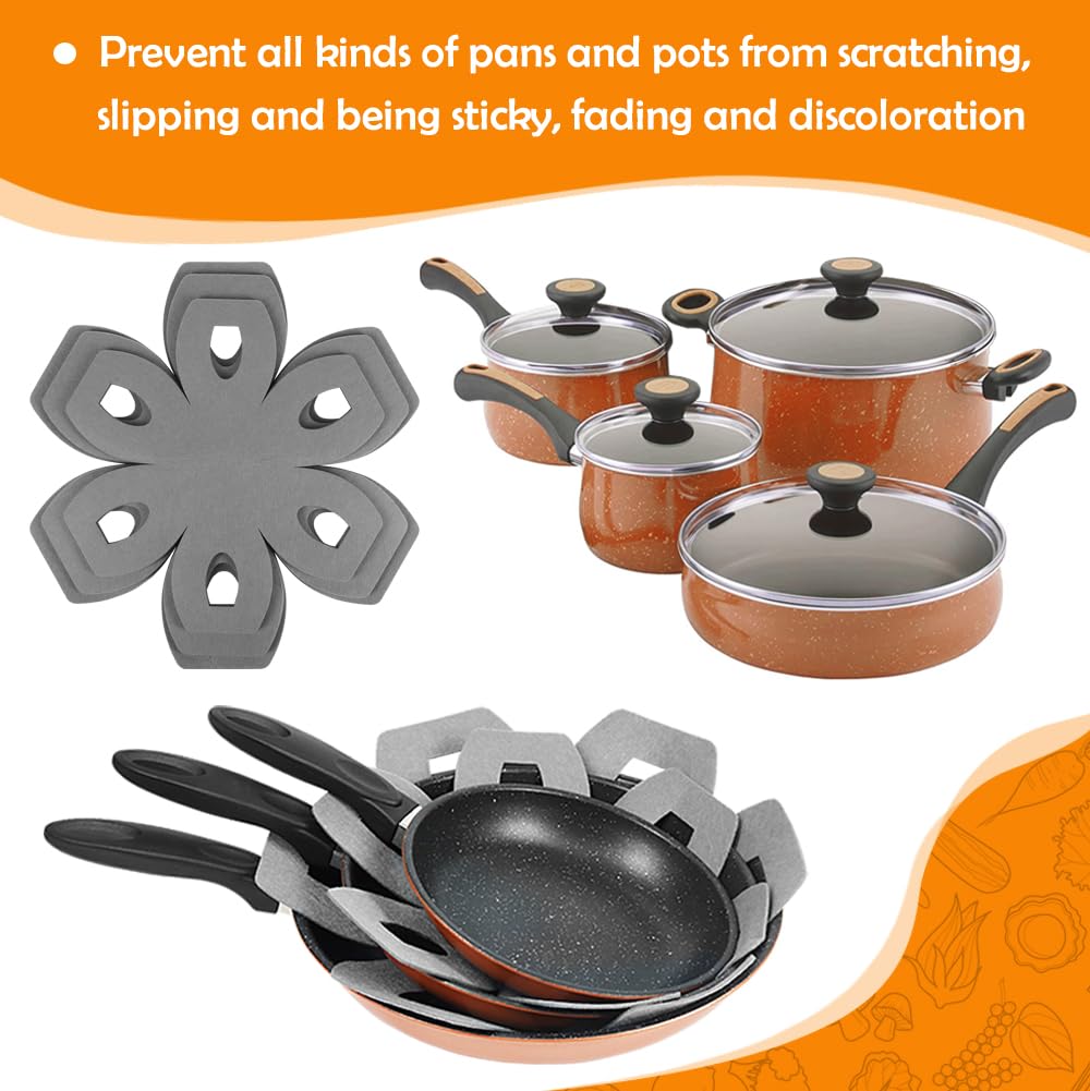 BYKITCHEN Pot and Pan Protectors, Set of 6 and 3 Different Sizes, Felt Pot Separators Protectors, Gray Pan Savers Dividers for Stacking and Protecting Your Cookware