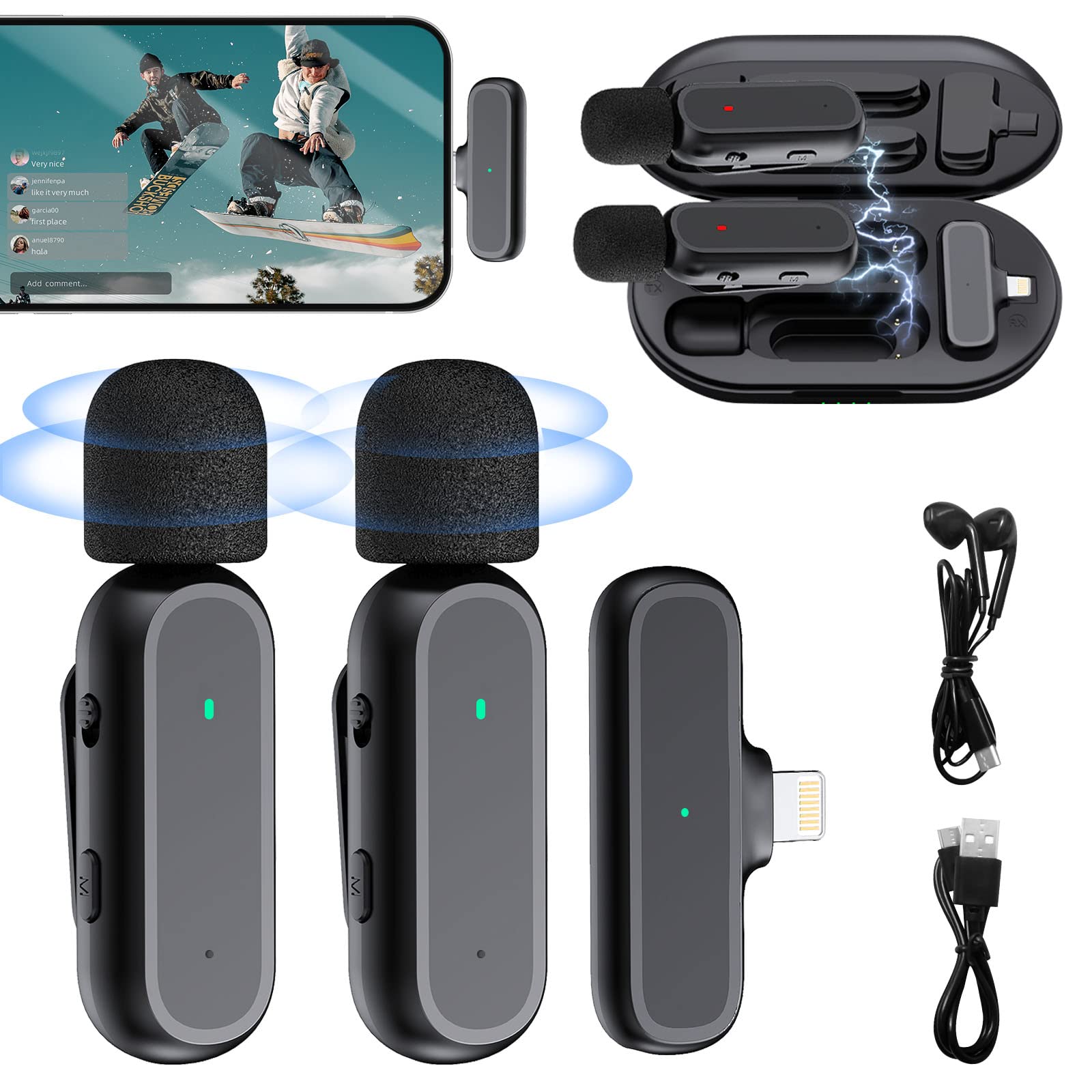 Booinxaa Dual Plug-Play Wireless Lavalier Microphones for iPhone/iPad, 2.4GHz Mini Lapel Recording Mic with Charging Case/Earphone, Auto-Sync Noise Reduction Microphone for TikTok, YouTube, Vlog