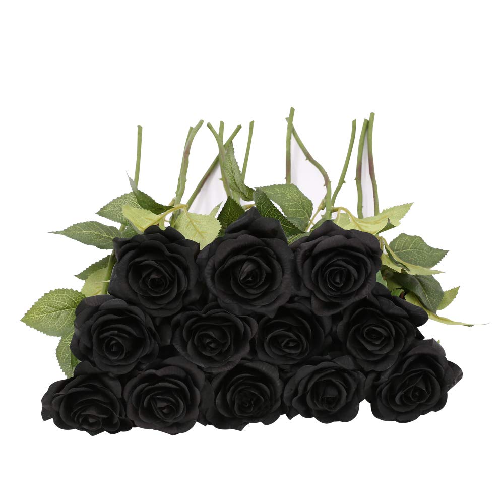 IPOPU Black Roses Artificial Flowers 12pcs Artificial Roses Real Touch Black Fake Silk Rose Flowers Floral Arrangement Faux Roses for Home Wedding Party Shop Garden Bridal Decorations DIY (Black)