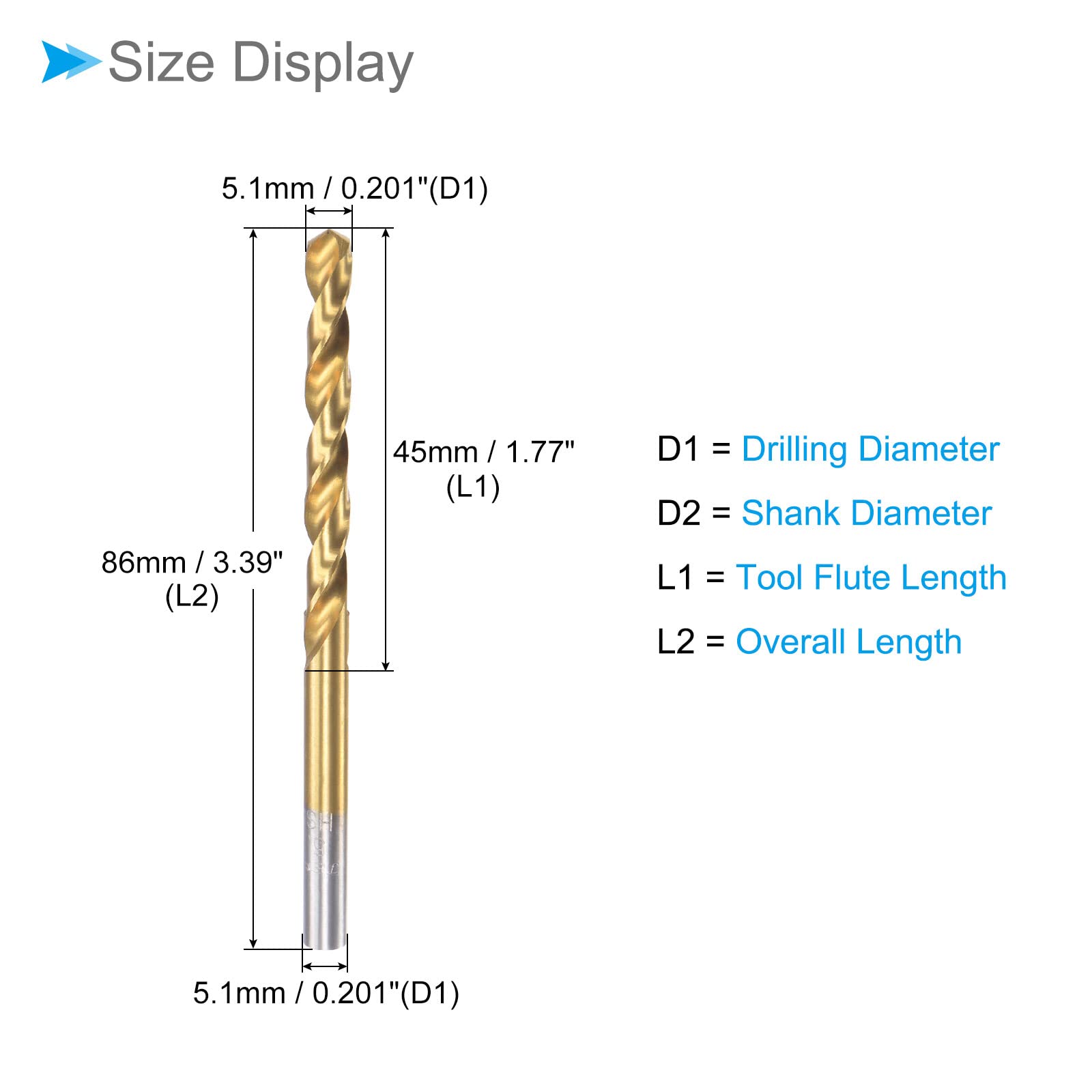 CoCud Twist Drill Bits, 5.4mm Drilling Diameter, Titanium Coated High Speed Steel 6542 Straight Round Shank - (Applications: for Stainless Steel Alloy Metal), 2-Pieces
