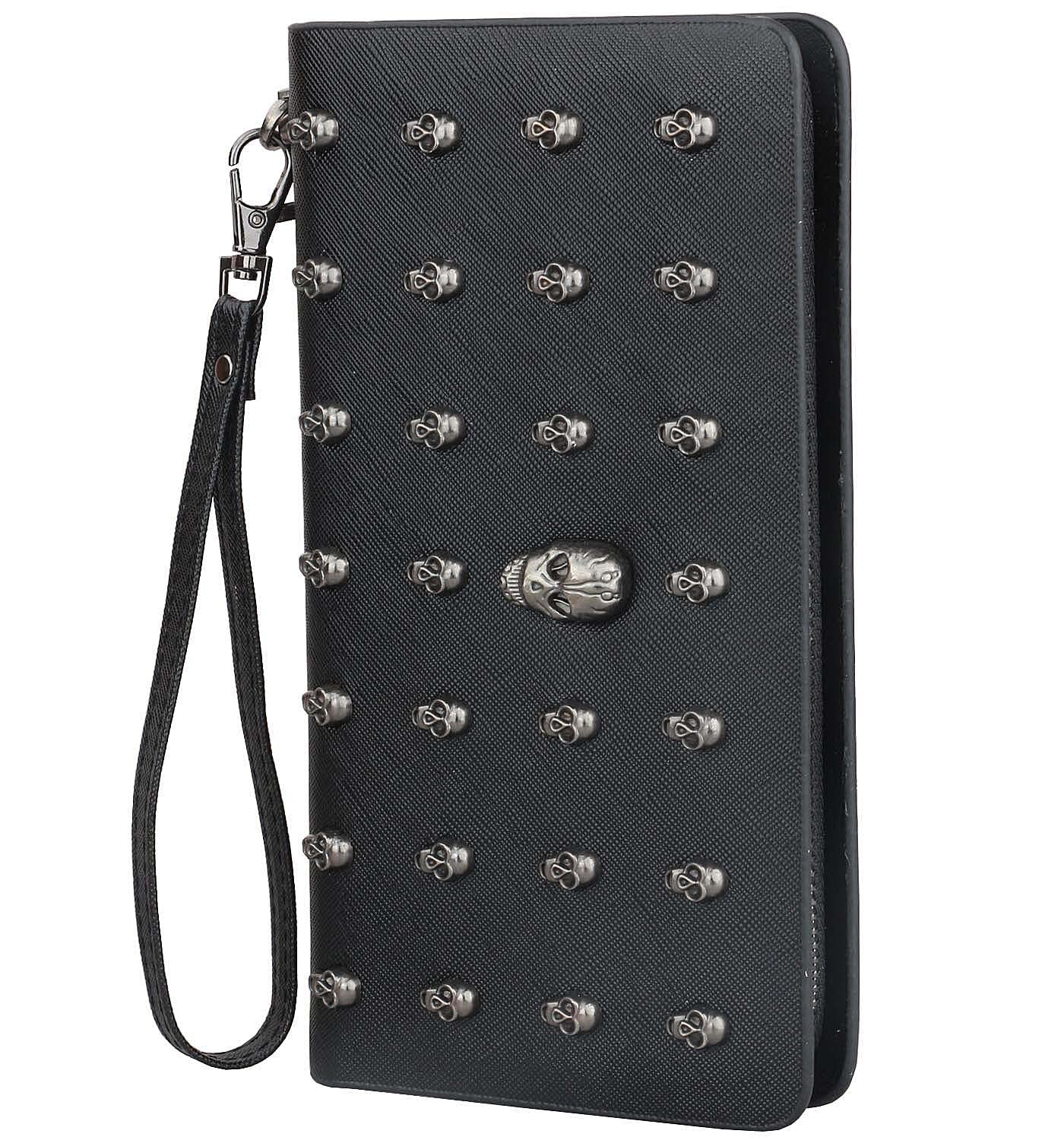 Women's Wallet Large PU Leather Clutch Purse Punk Studded Skull Ladies Wallet Credit Card Holder Organizer Wristlet (Skull)
