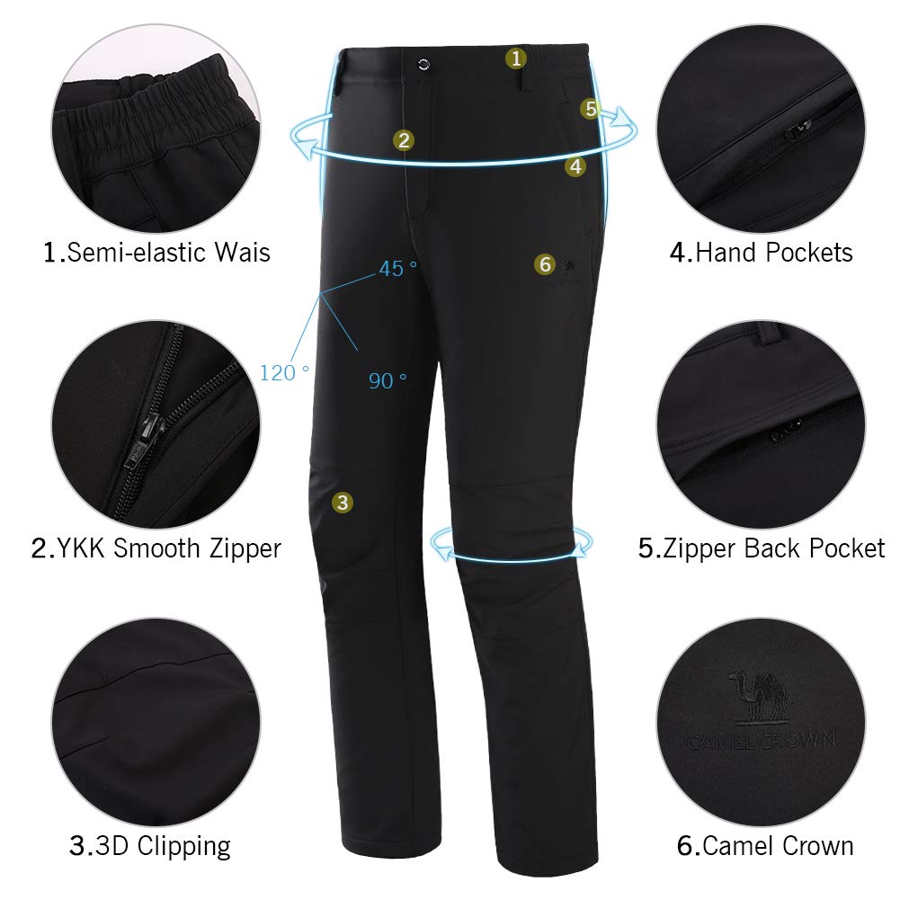 CAMEL CROWN Men’s Waterproof Hiking Pants Ski Fleece Lined Insulated Warm Soft Shell Pants Black