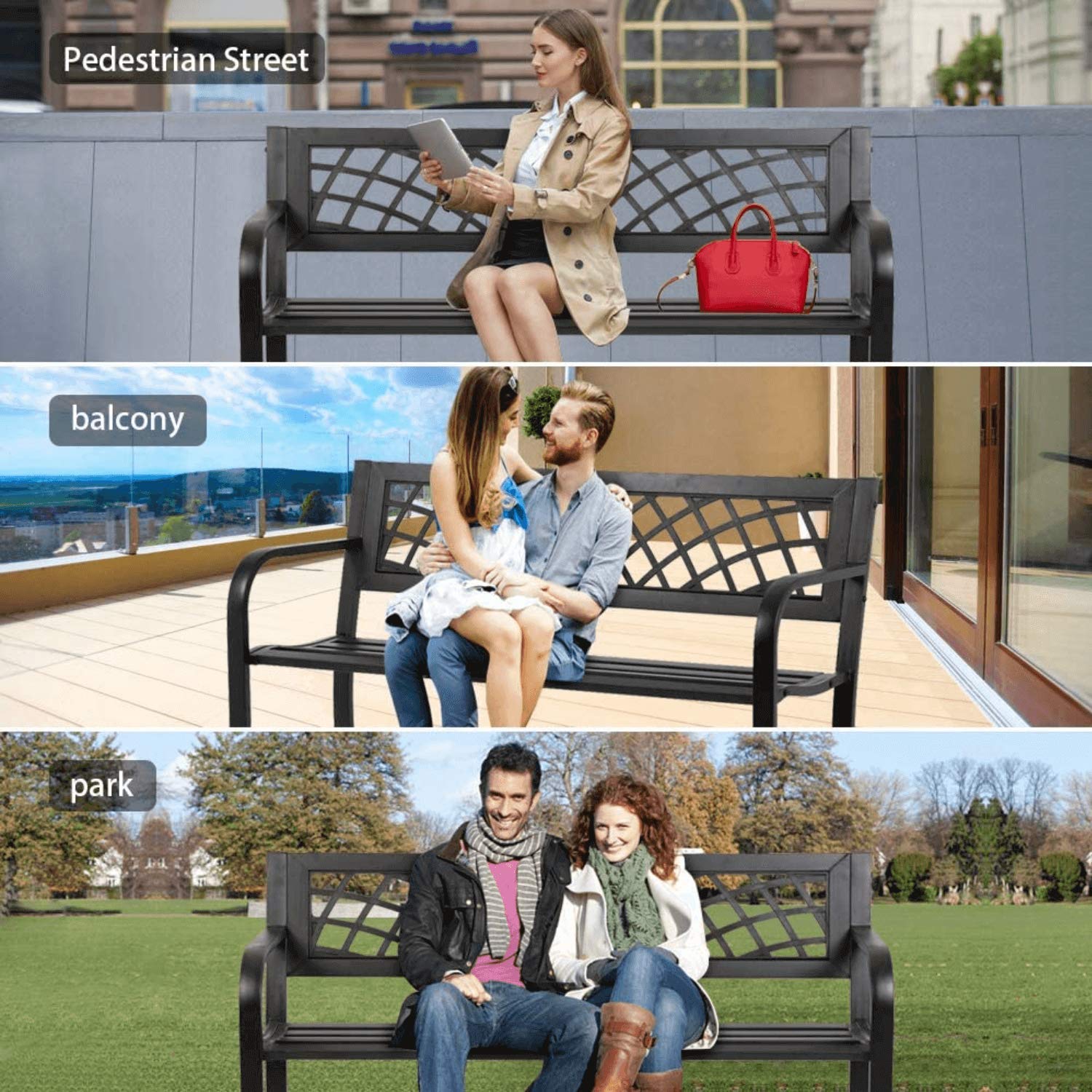 HomeClever Metal Garden Park Bench, 45.5inch Powder Coated Cast Iron PVC Mesh Pattern Design Patio Bench w/Armrests Sturdy Steel Frame, Outside for Front Porch Path Yard Lawn Deck Furniture, Black