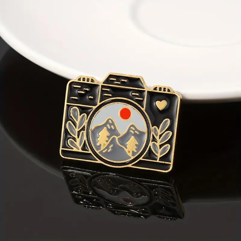 Camera Enamel Pin Mountains Artistic