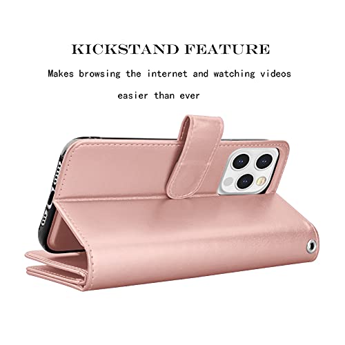 NJJEX Compatible with iPhone 13 Mini Case/iPhone 13 Mini Wallet Case 5.4" (2021), [9 Card Slots] PU Leather Credit Holder Folio Flip [Detachable] Kickstand Magnetic Phone Cover & Lanyard [Rose Gold]