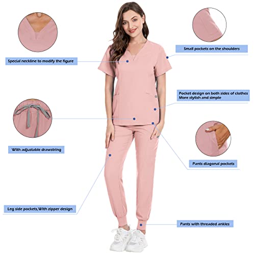 niaahinn Scrub Suit Set for Women Modern V-neck + Leg Drawstring Jogger Pants Medical Nursing Uniforms Set (Pink,S)
