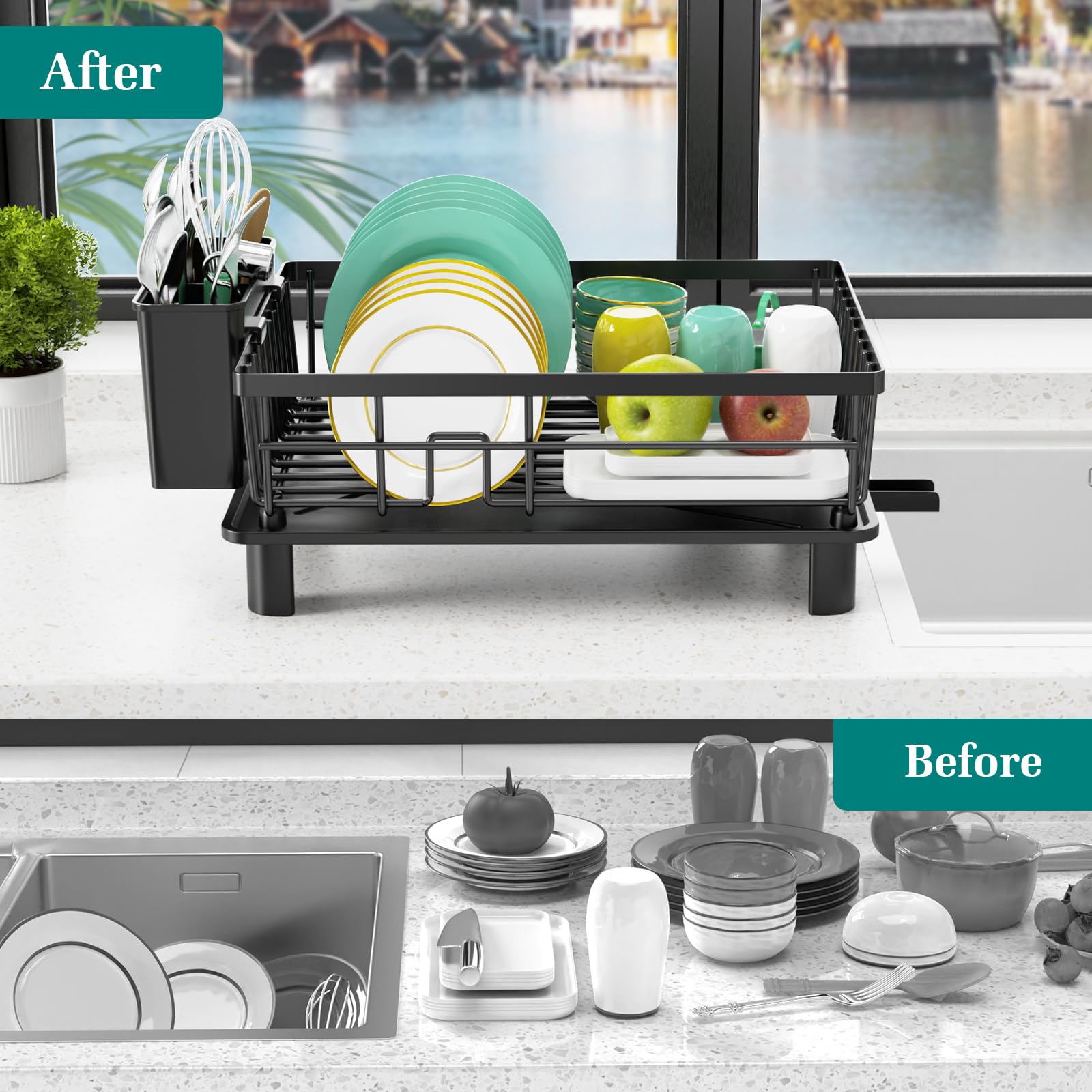 Dish Drying Rack, Space-Saving Dish Rack for Kitchen Counter, Stainless Steel Dish Rack with Cutlery Holder, Removable Dish Drainer, Drainboard and Adjustable Spout for Various Kitchenware,15x11x6.7''