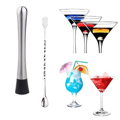 Cocktail Muddler & Mixing Spoon 10" - Cocktail Party Utensils by Kitchen Supplies - Crush Fresh Fruit, Spices or Ice - Mix and Blend Own Drinks Like a Pro - Perfect Set For Cocktails (Retail Pack)