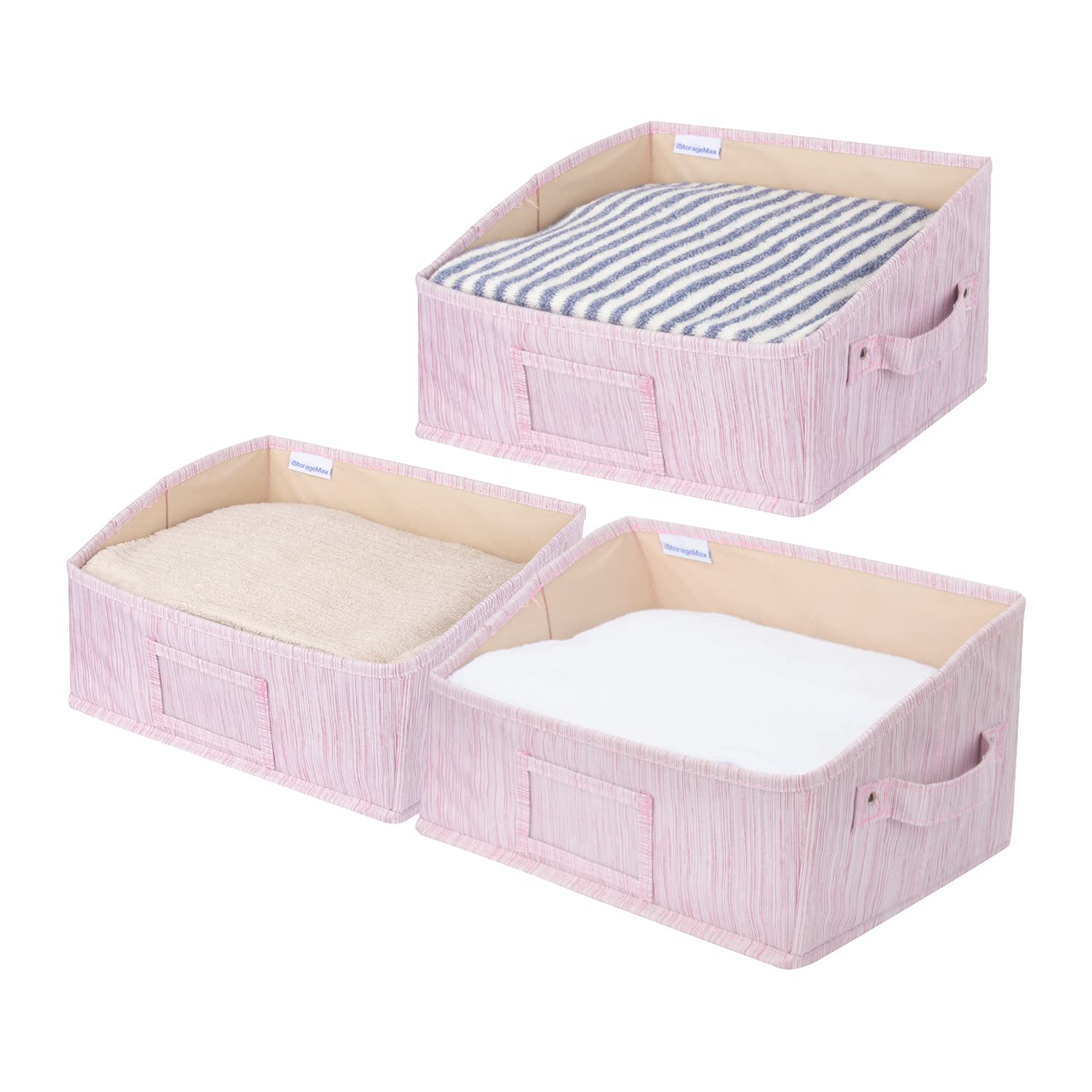 iStorageMax Closet Storage Bin, Collapsible Closet Shelf Organizer, Fabric Trapezoid Storage Baskets with Handle and Label Holder for Home Office, Pink, Medium, 3 Pack