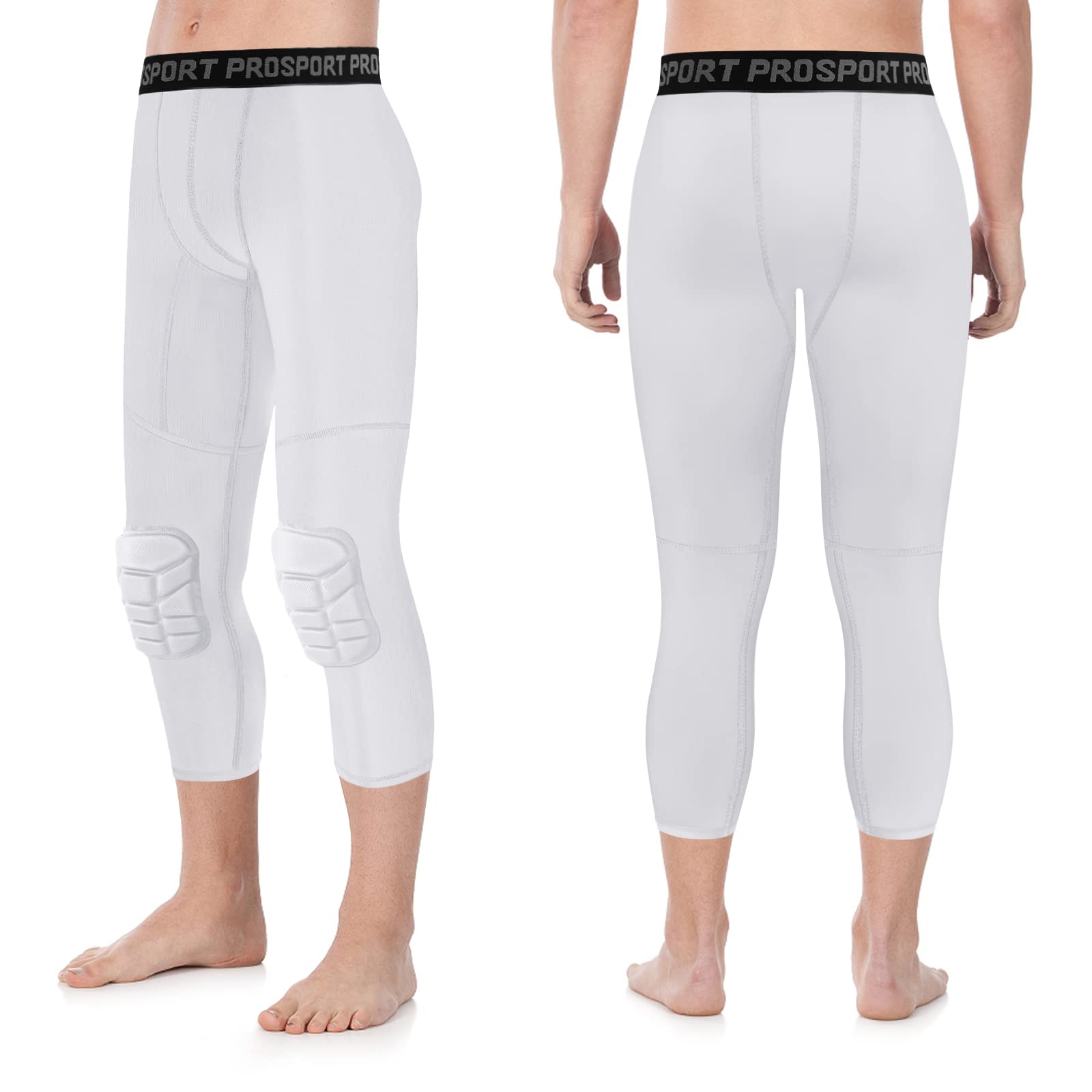 Blaward Mens Boys Compression Pants with Knee Pads 3/4 Capri Sport Tights Basketball Athletic Base Layer Workout Leggings