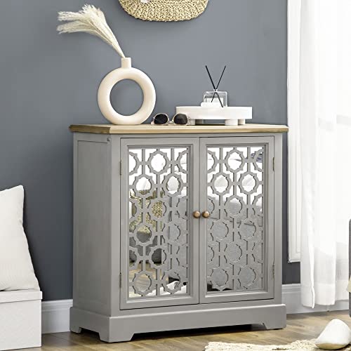 HOMCOM Farmhouse Sideboard Buffet Cabinet, Kitchen Storage Cabinet, Accent Cabinet with Double Glass Doors and Solid Wood Countertop for Kitchen, Living Room, Gray